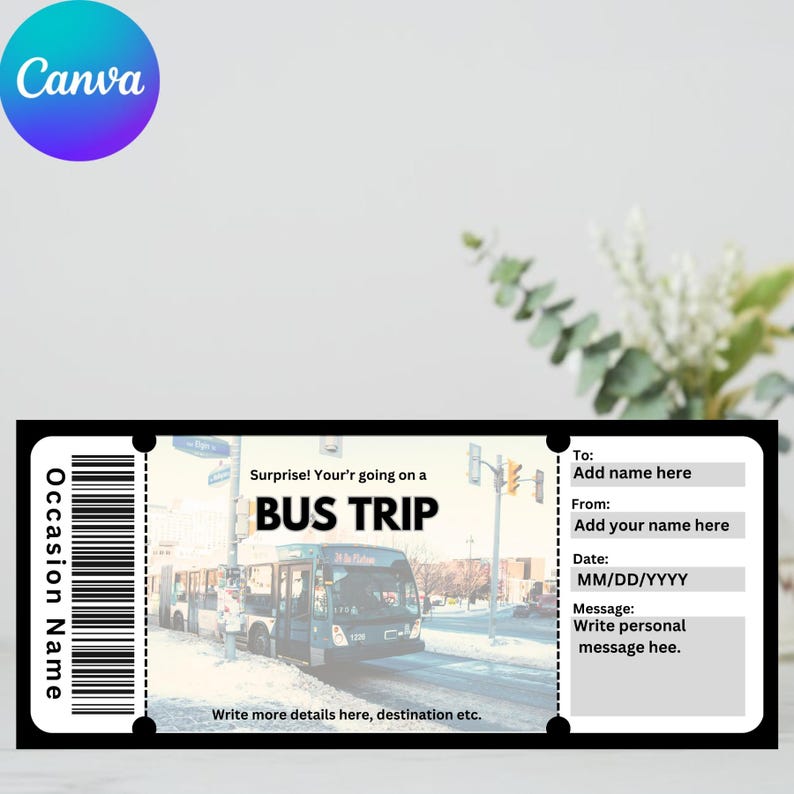 Bus Trip Ticket Template, Boarding Pass, Trip Surprise, Printable ...