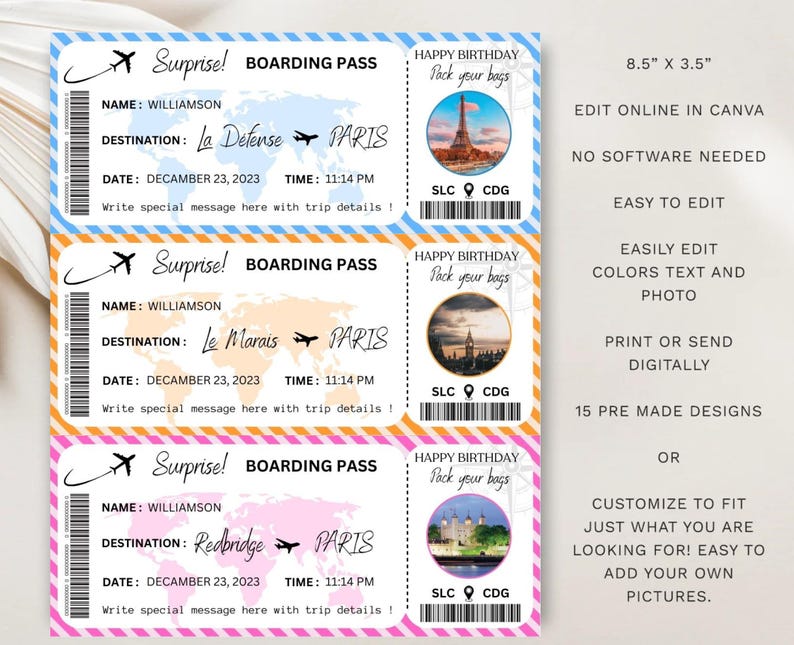 Editable Boarding Pass Template: Surprise Trip Ticket (canva Digital ...