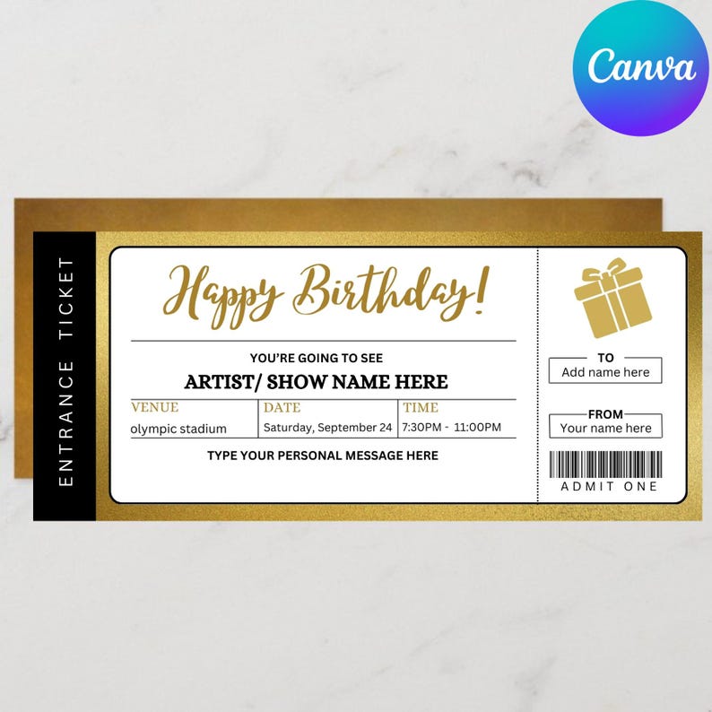 Editable Concert Ticket Template: DIY Printable Birthday Gift (canva ...