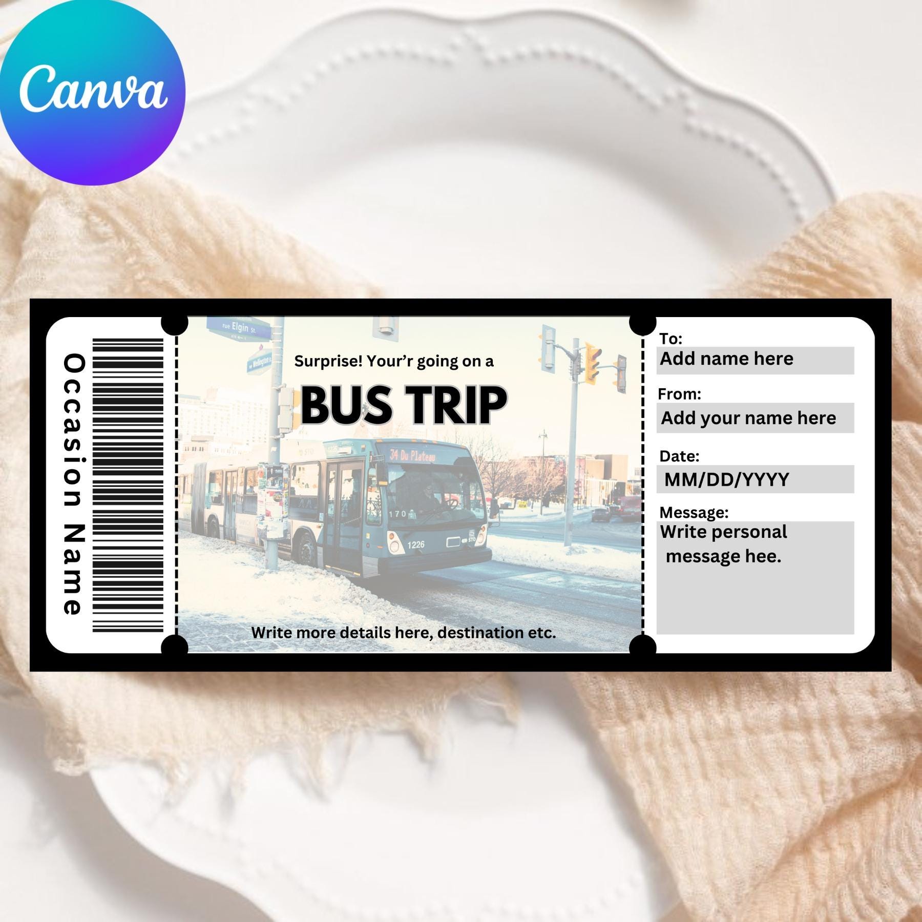 Bus Trip Ticket Template, Boarding Pass, Trip Surprise, Printable ...