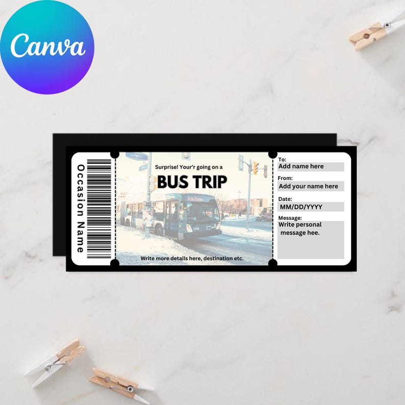 Printable Bus Trip Ticket Template: Surprise Travel Voucher (canva) - Etsy