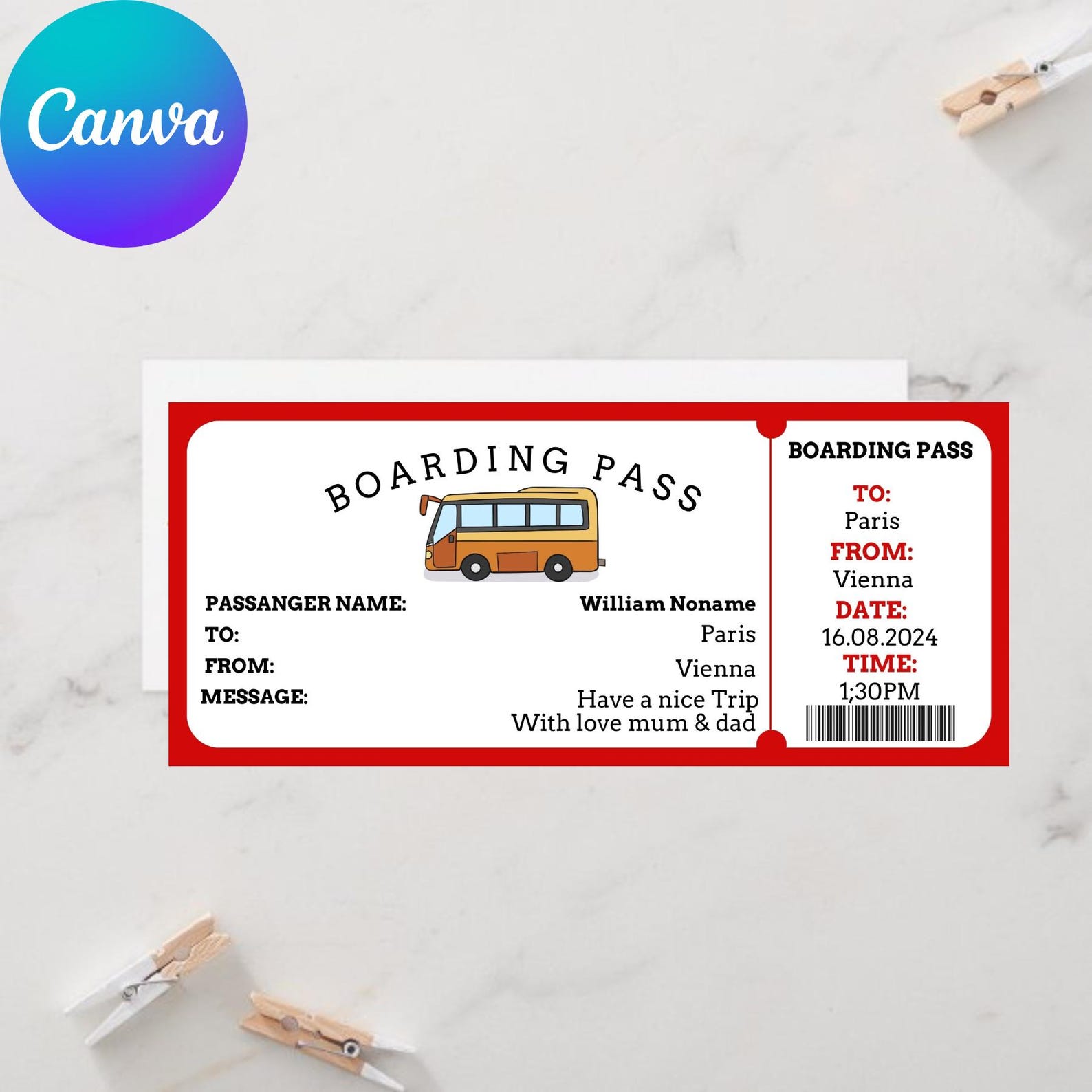 Bus Trip Ticket Template, Boarding Pass, Trip Surprise, Printable ...