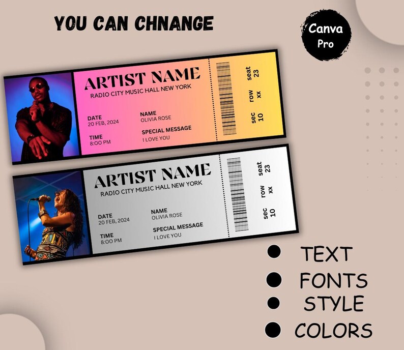 Editable Concert Ticket Canva Template, Printable Event Ticket, Custom Concert Ticket, Ticket ...