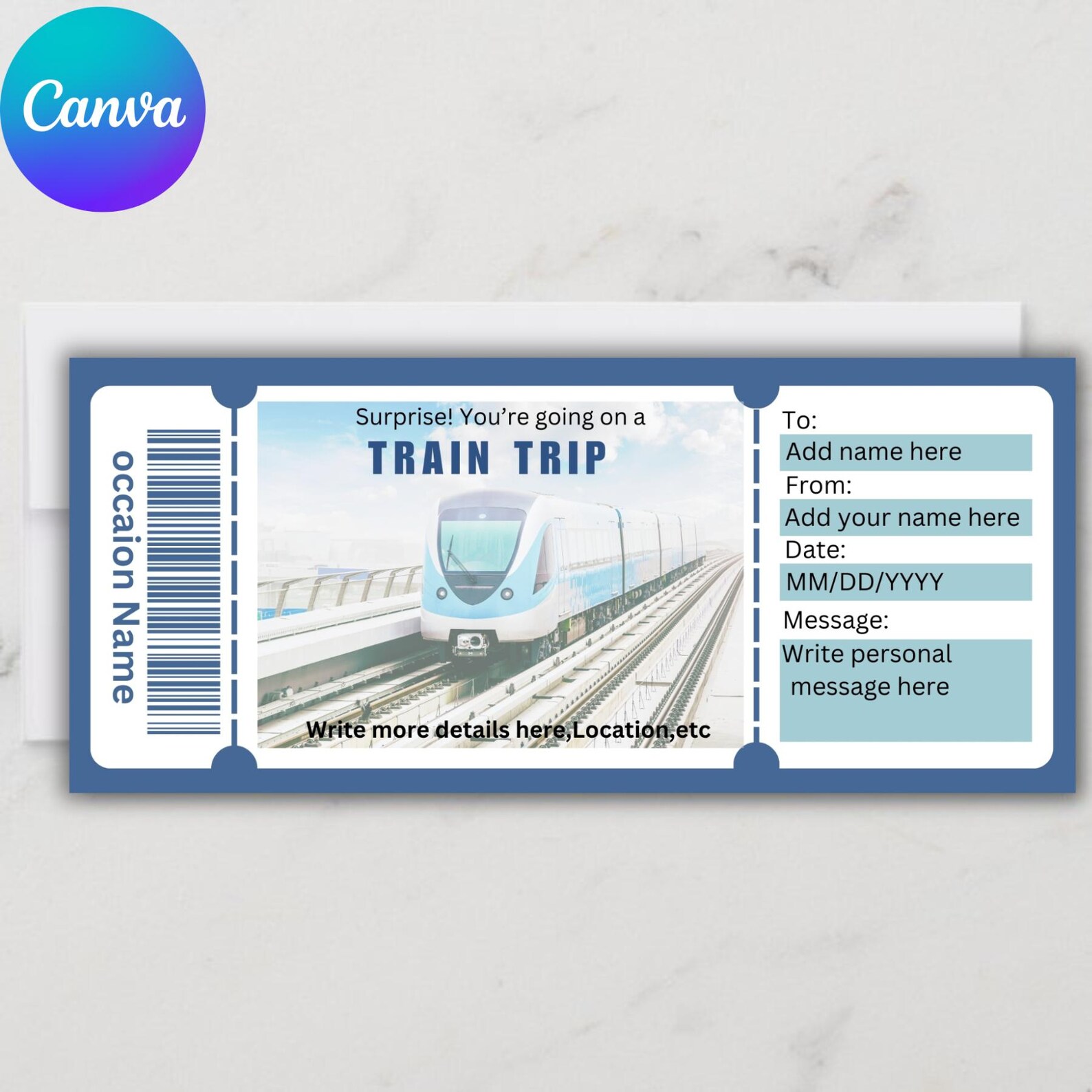 Editable Train Ticket Template: Surprise Trip Boarding Pass (digital ...