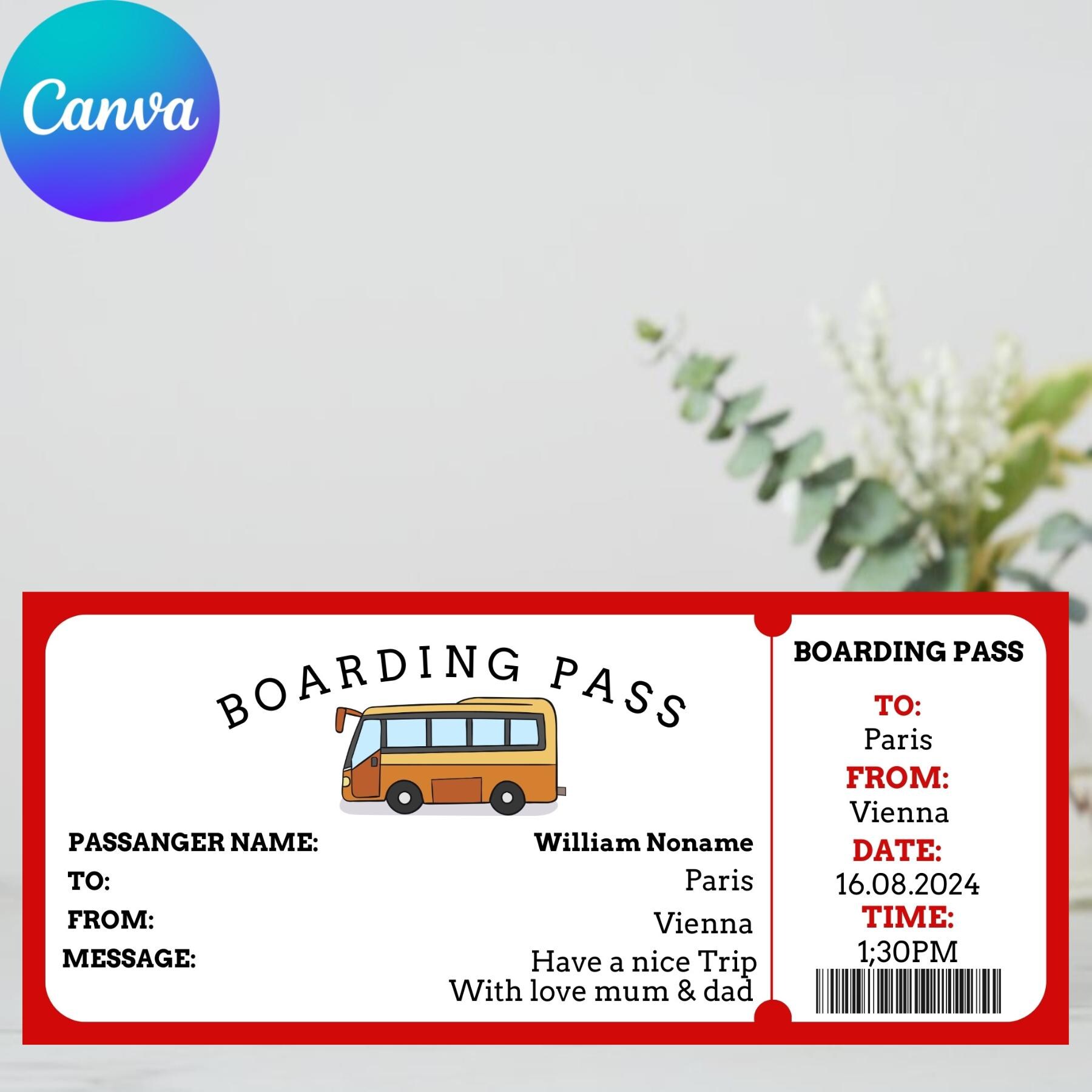 Printable Bus Trip Ticket Template: Surprise Boarding Pass (canva) - Etsy