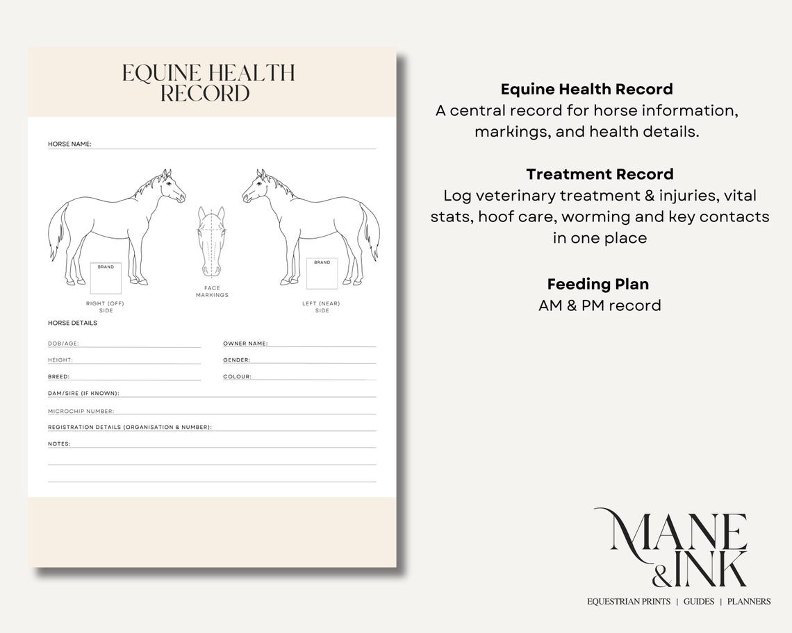 Printable Equine Health Record: Horse Care Tracker (digital Download ...