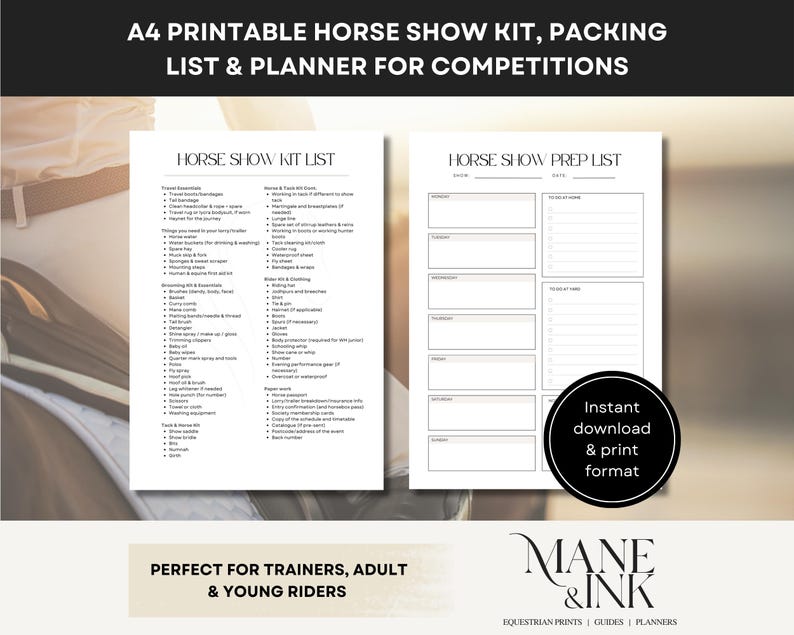 Printable Horse Show Kit, Packing List & Planner for Competitions Shows ...
