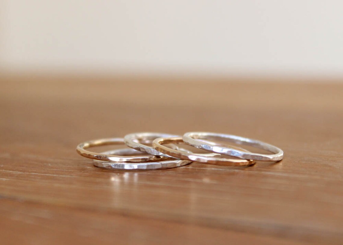 Five Hammered Gold and Silver Stacking Rings - Etsy Australia