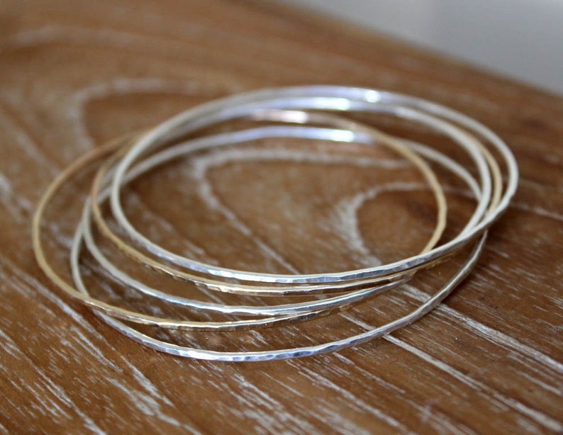 Five Hammered Silver and Gold Bangles Set - Silver and Gold Bangle ...
