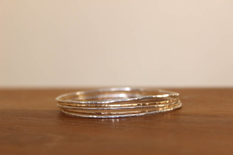 Five Hammered Silver and Gold Bangles Set - Silver and Gold Bangle ...