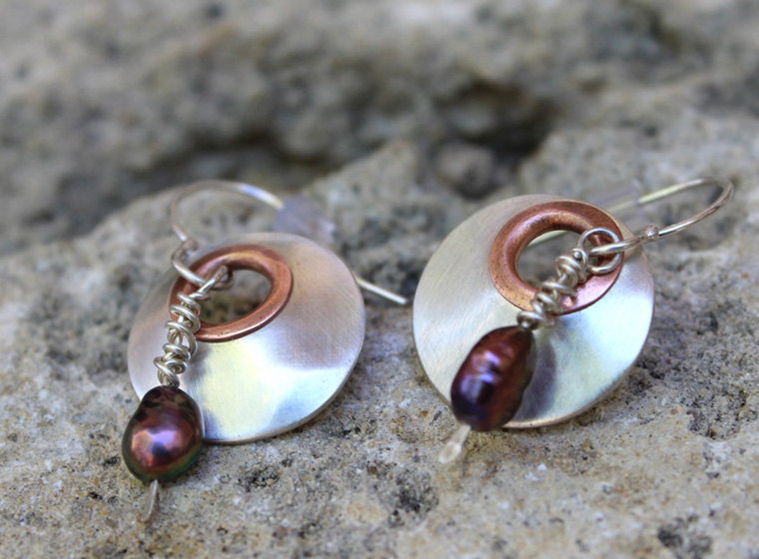 Understated Earrings - Sterling Silver, Copper, and Freshwater Pearl - Etsy