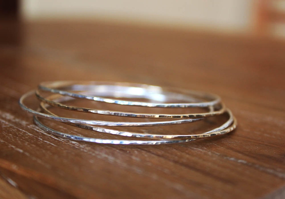 Five Hammered Silver and Gold Bangles Set - Silver and Gold Bangle ...