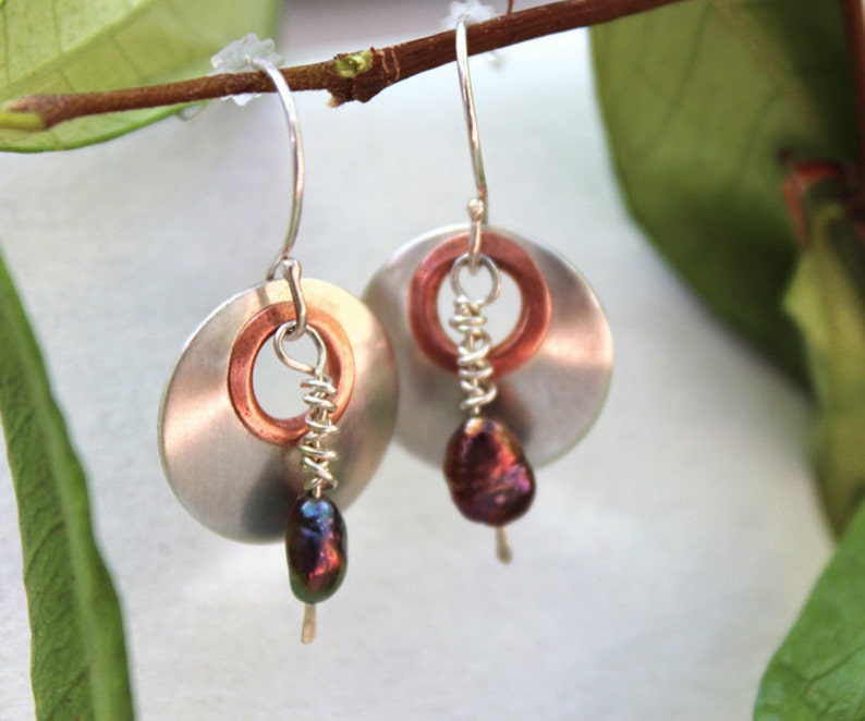 Understated Earrings - Sterling Silver, Copper, and Freshwater Pearl - Etsy