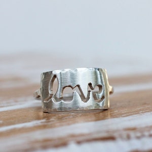 Cursive Love Ring - Hand Sawed Love Word Ring - Love Note Ring - Unique Gift for Her for ...