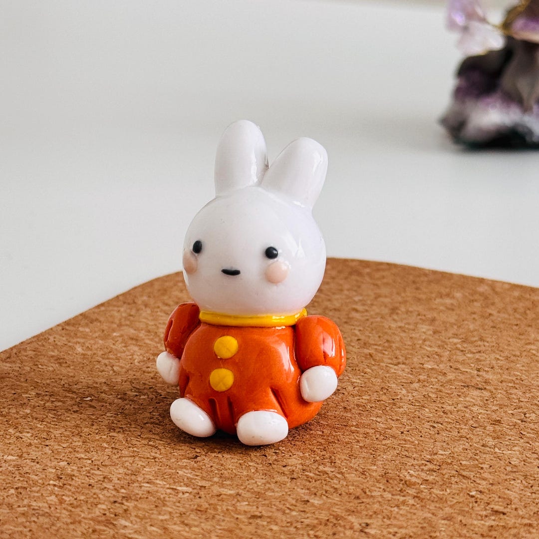 Kawaii Bunny Figurine – Handmade White Rabbit in Orange Dress – Polymer ...