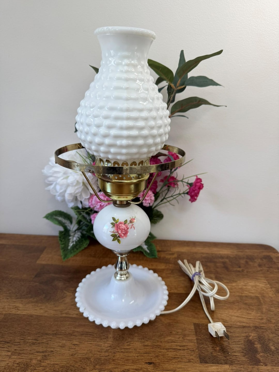 Vintage Hobnail Milk Glass Lamp Floral Decal Cottagecore Lighting MCM ...