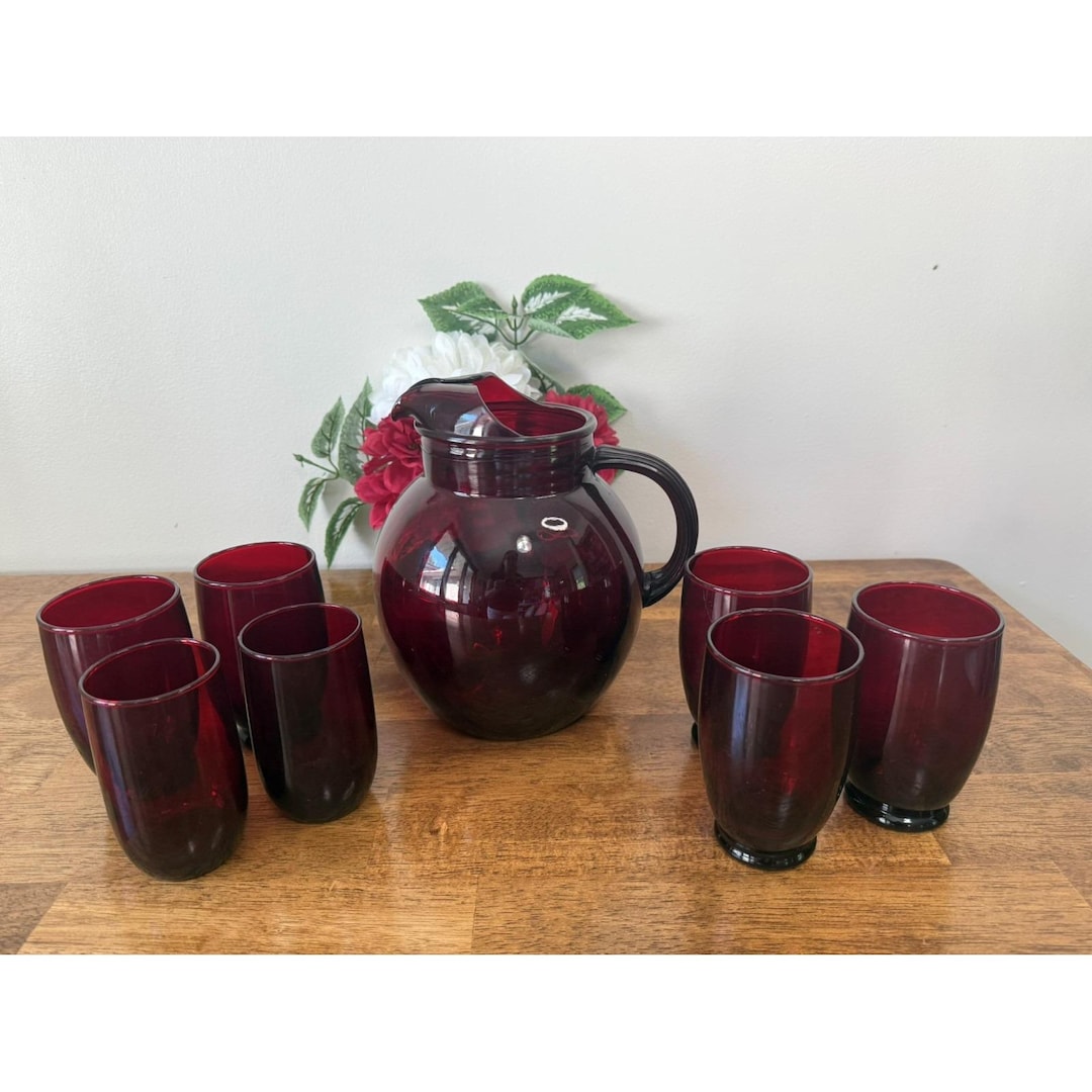 Vintage Anchor Hocking Ruby Red Glass Pitcher and Glasses Set Royal ...