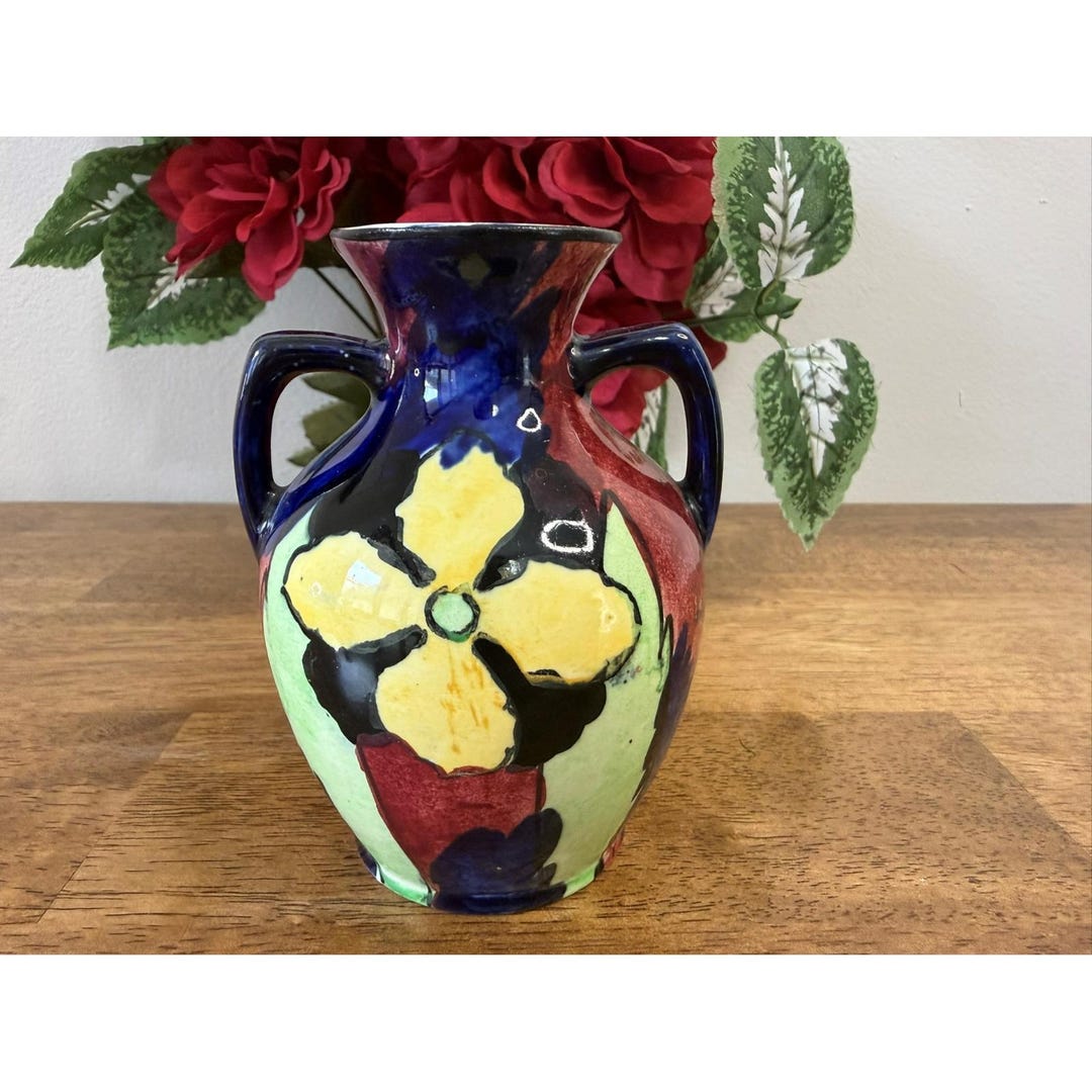 Vintage H&K Tunstall Hand Painted Floral Art Pottery Vase Two Handled ...