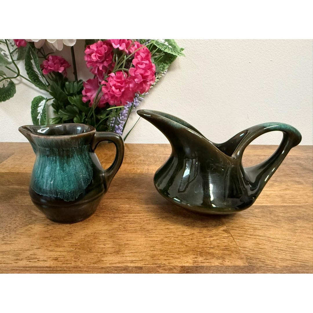 Vintage MCM Green Drip Glaze Pottery Pitcher Pair Retro Ceramic ...