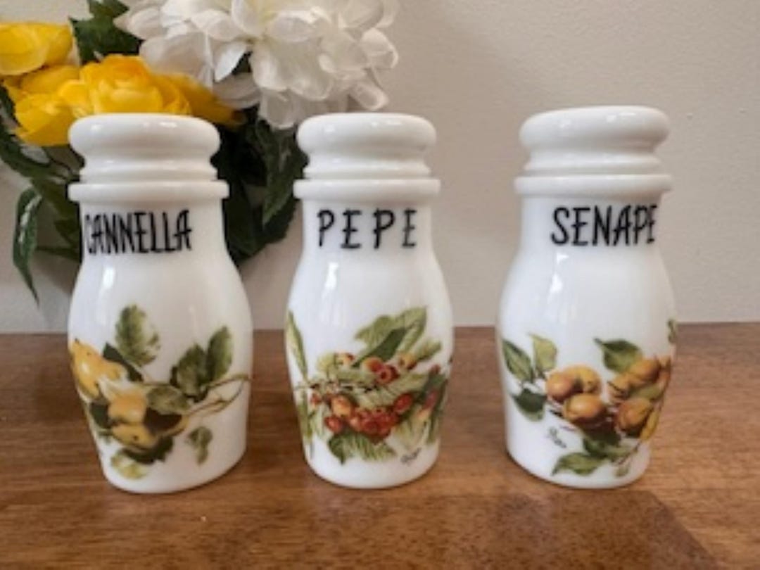 Vintage Italian Milk Glass Spice Jars Cannella Pepe Senape Fruit Opalex ...