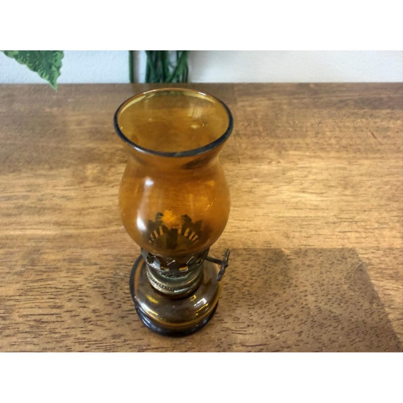 Vintage Amber Glass Mini Oil Lamp Burner Wick Old Lantern Decor MCM ...