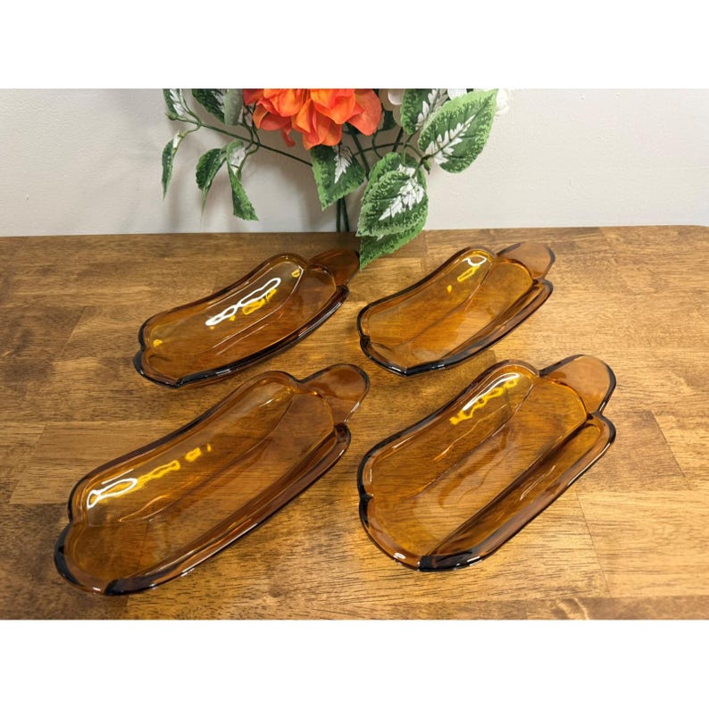 Vintage Amber Glass Banana Split Dishes MCM Dessert Serving Bowls Set ...