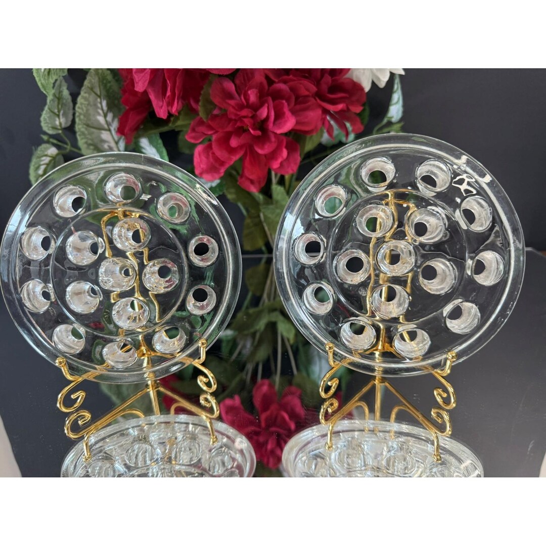 Vintage Clear Glass Flower Frogs Round Ribbed Floral Arrangers Vase ...