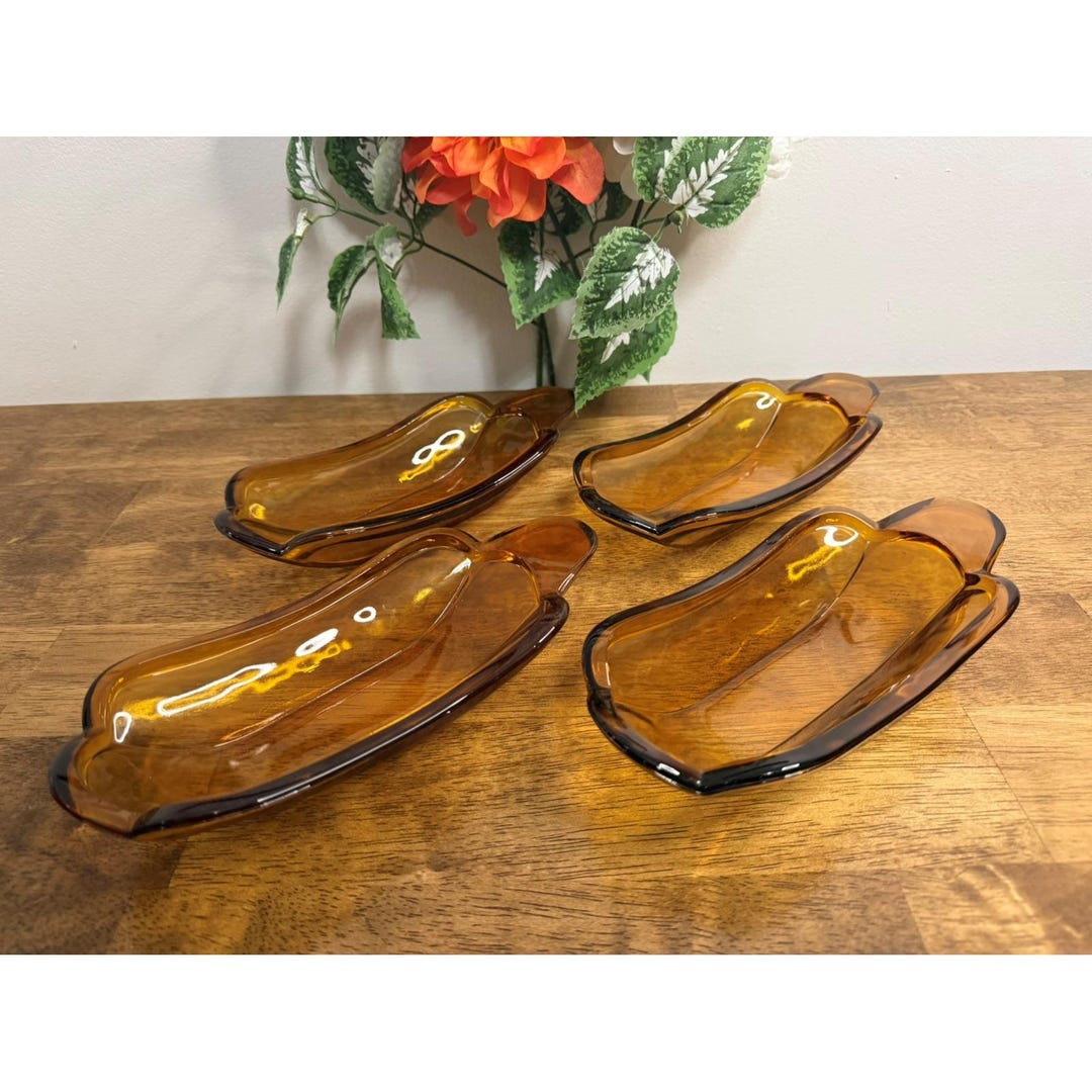 Vintage Amber Glass Banana Split Dishes MCM Dessert Serving Bowls Set ...