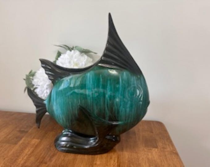 Signed and Rare Blue Mountain Pottery Large Green Angle Fish Vase in ...