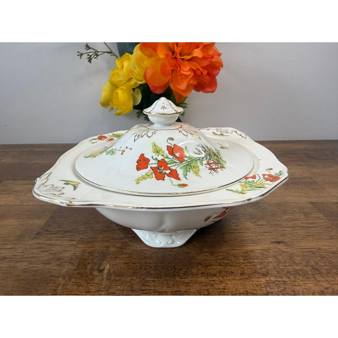 Alfred Meakin England Art Deco Covered Bowl Serving Dish Poppy Floral ...