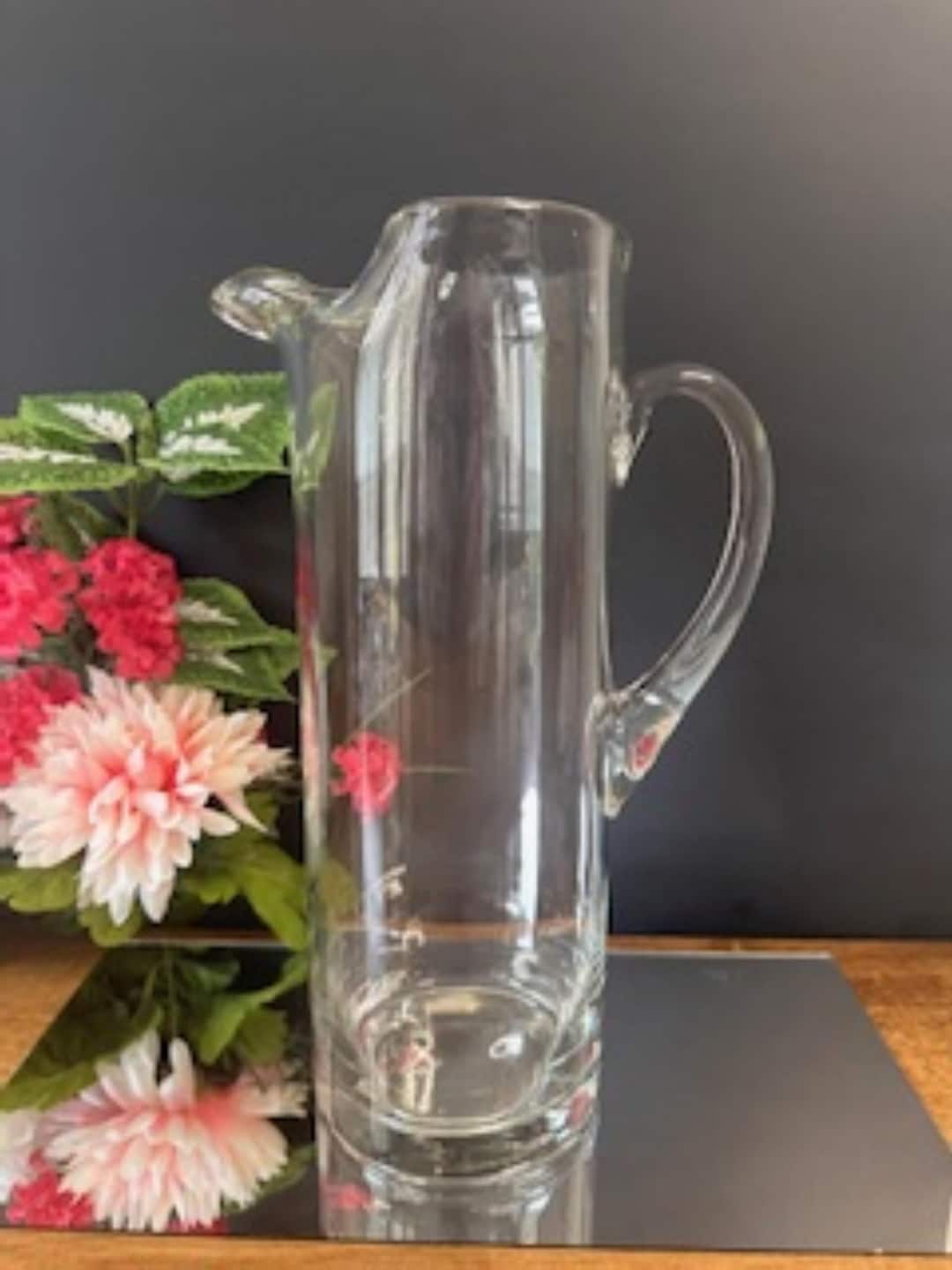 Vintage Clear Glass Pitcher Elegant Tall Spout Handle Water Juice Iced ...