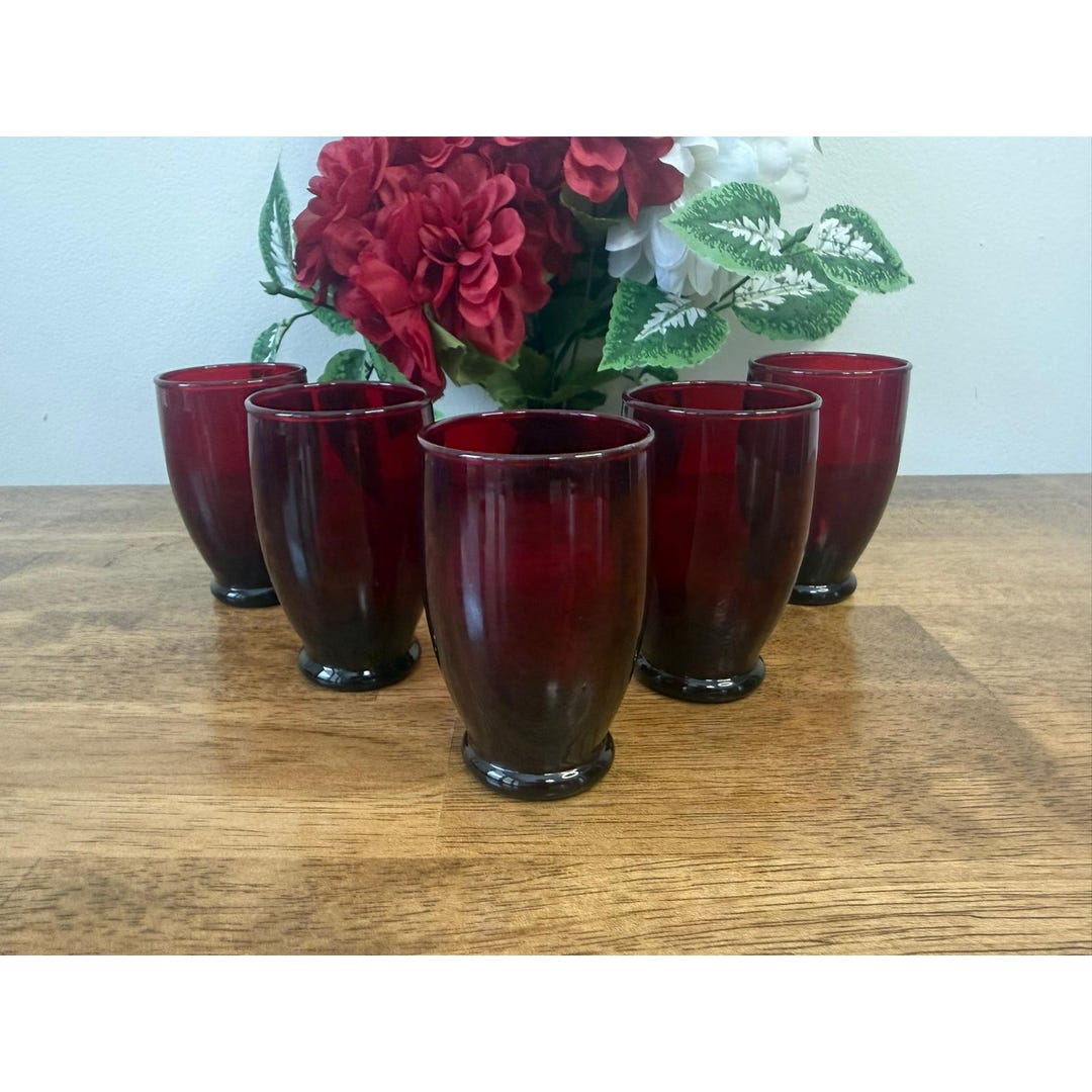 Vintage Anchor Hocking Baltic Royal Ruby Juice 5 Glasses MCM Barware ...