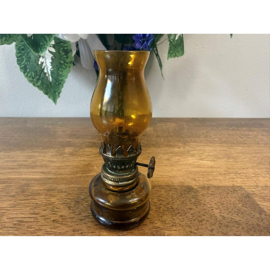 Vintage Amber Glass Mini Oil Lamp Burner Wick Old Lantern Decor Mcm