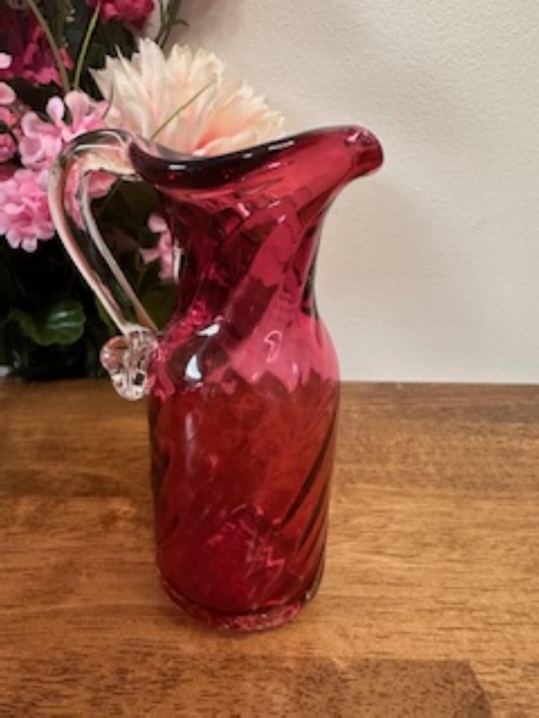 Vintage Cranberry Diamond Optic Glass Pitcher Elegant Curved Handle - Etsy