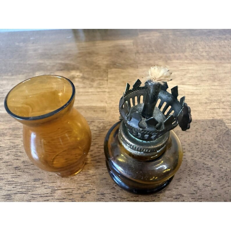 Vintage Amber Glass Mini Oil Lamp Burner Wick Old Lantern Decor MCM ...