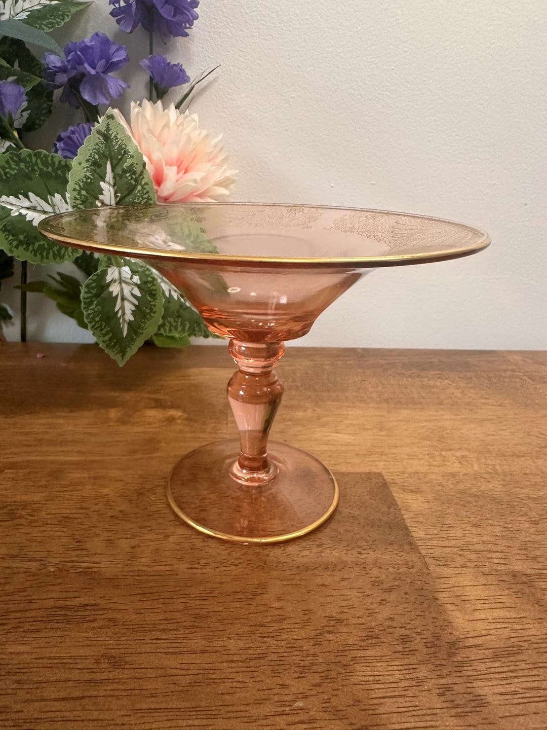 Vintage Pink Depression Glass Compote Gold Etched Pedestal Dish Elegant ...