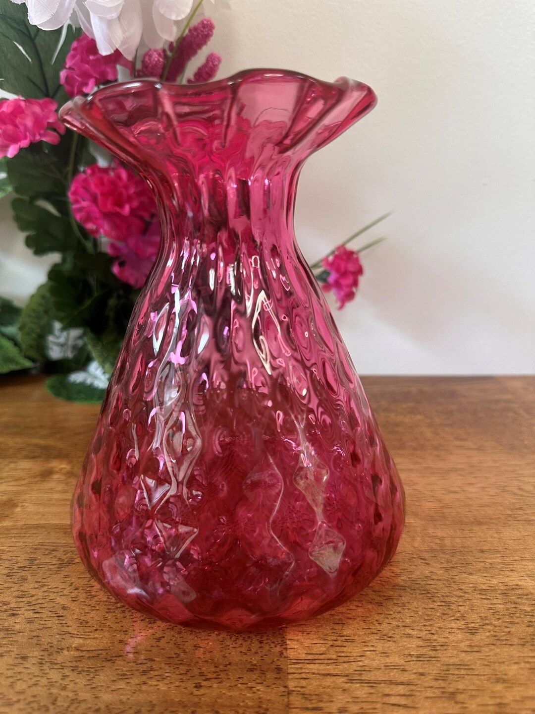 Vintage Cranberry Glass Vase Ruffled Edge Diamond Optic Mid Century Art ...