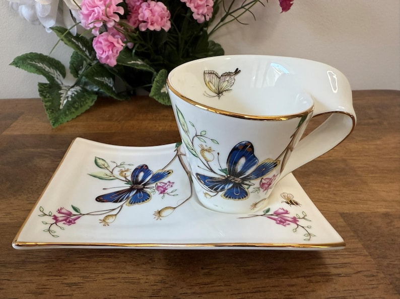Adeline Butterfly Tea Cup Snack Plate Floral Blue Gold Trim England ...