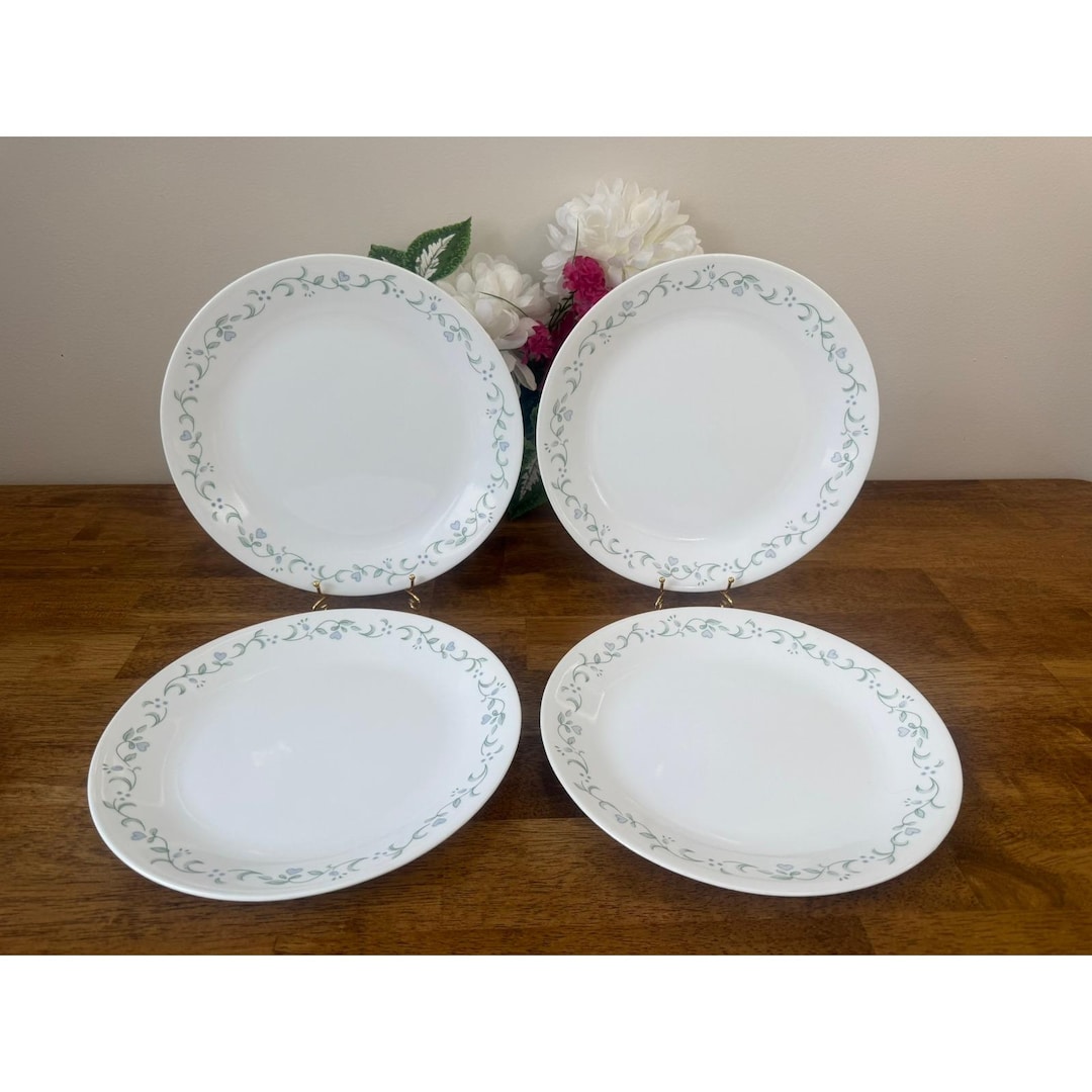 Vintage Corelle Country Cottage Dinner Plates Set 4 Green Floral Border ...