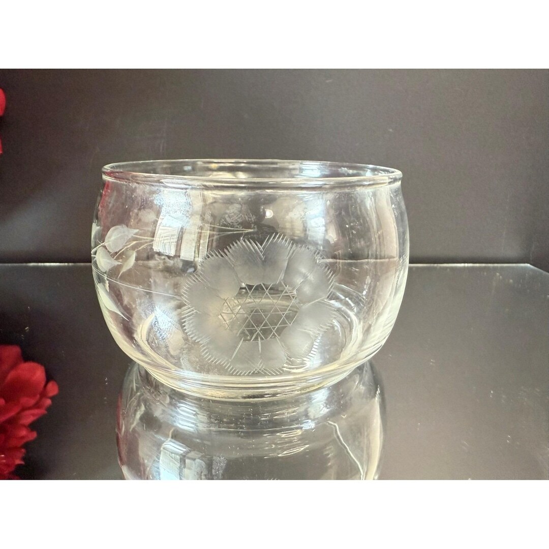 Vintage W J Hughes Cornflower Etched Glass Bowl Clear Round Serving ...
