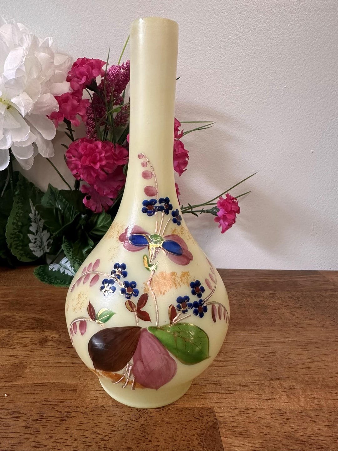 Victorian Enameled Satin Glass Vase Custard Yellow Hand Painted Floral ...