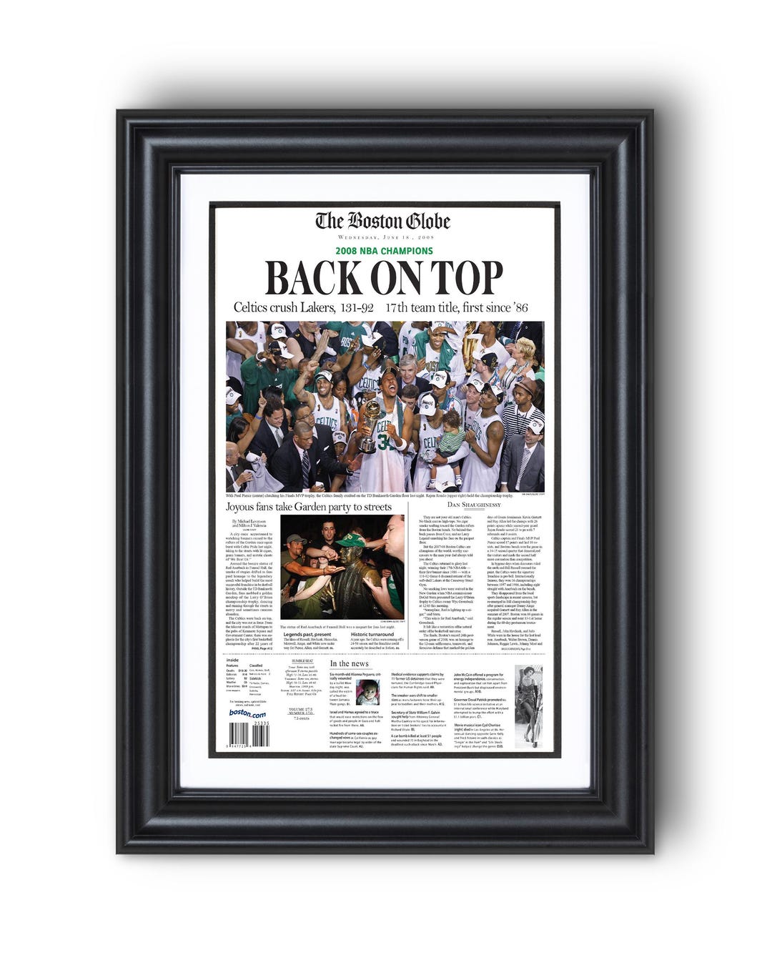 2008 Boston Celtics “back on TOP” Champions Framed Front Page Newspaper ...