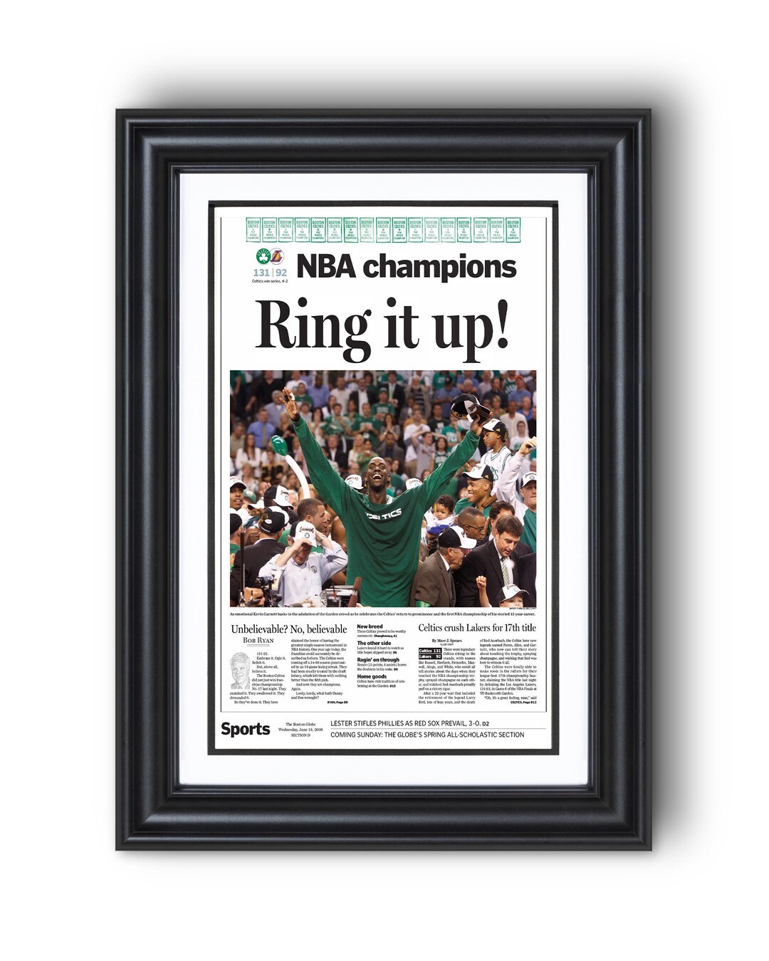 2008 Boston Celtics Champions “ring It Up” Framed Front Page Newspaper ...