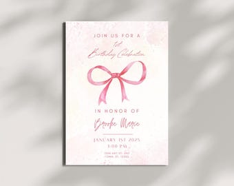 Bow Birthday Invitation | Editable Canva Template | Pink Bow Theme - Etsy