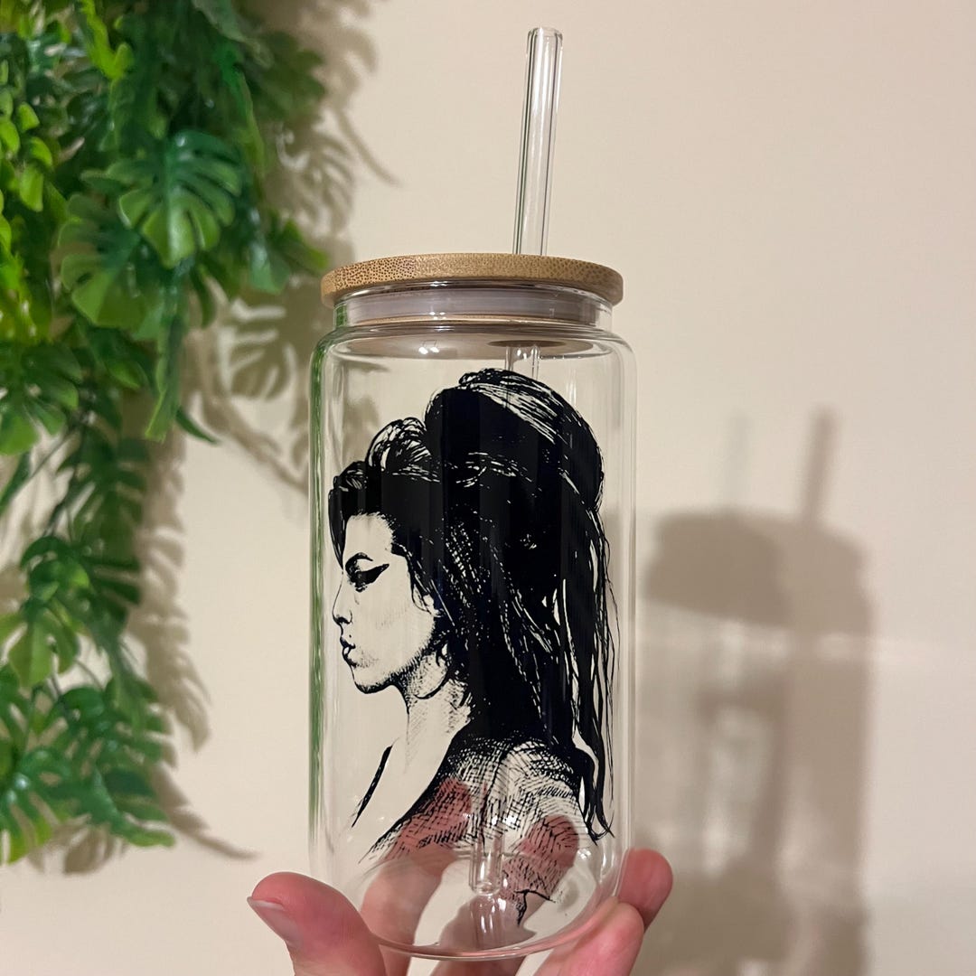 Amy Winehouse Glass Cup 16oz With Bamboo Lid and Straw Back to Black Amy Singer Song Writer - Etsy