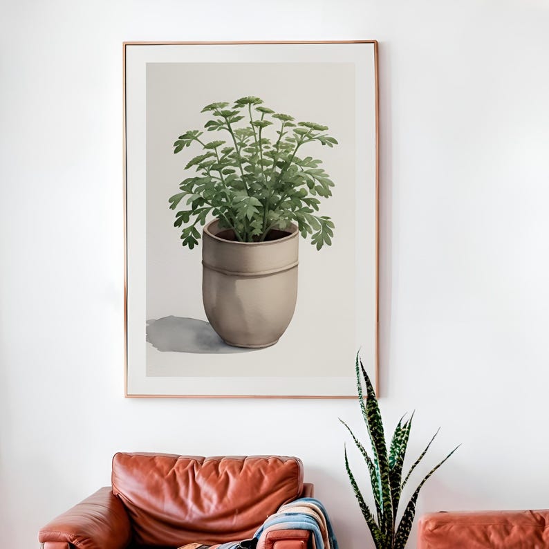 Parsley in a Brown Pot Poster, Kitchen Herb Print Wall Art for Home and ...