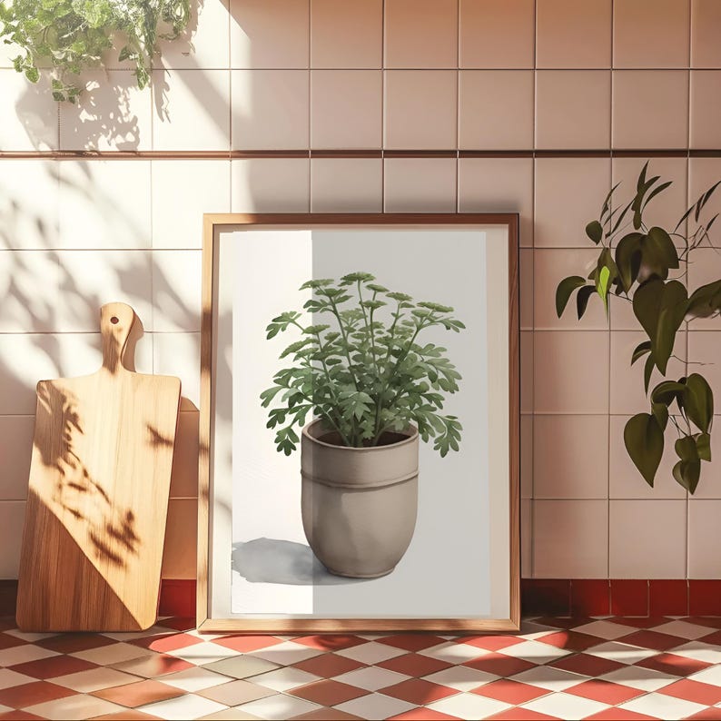 Parsley in a Brown Pot Poster, Kitchen Herb Print Wall Art for Home and ...