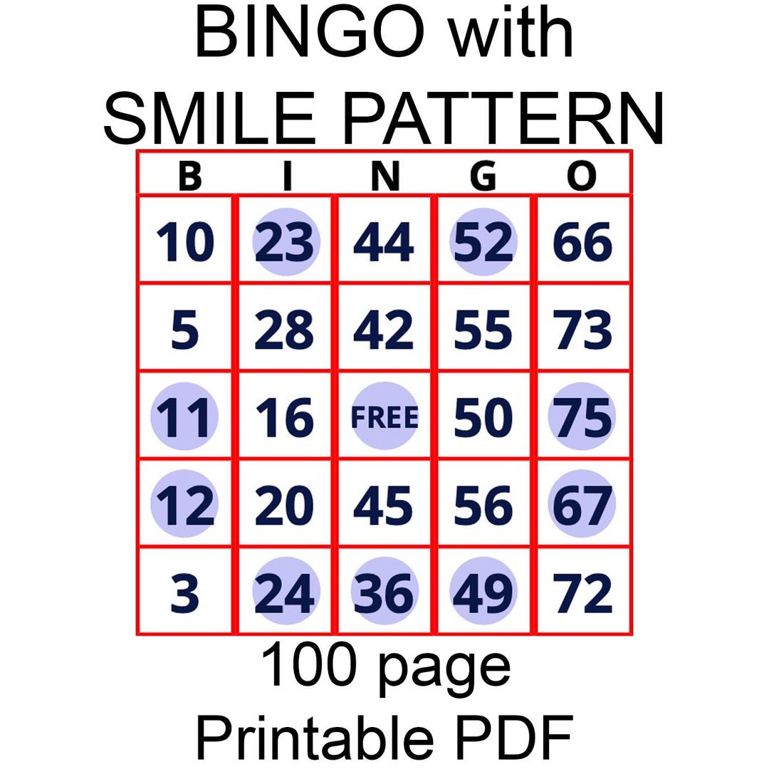 100 Page Printable Pdf BINGO Sheets With a "smiley Face" Pattern and ...