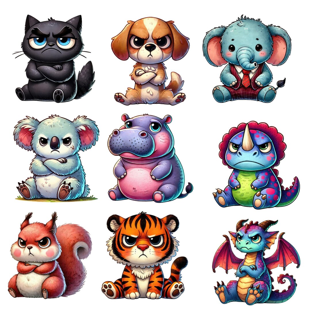 Grumpy Animal Clipart Bundle PNG Print, Animal Print File, Angry Animal ...