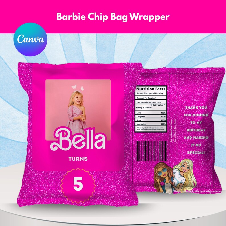 Barbie Chip Bag Wrapper With Photo – Editable Snack Bag Label – Barbie ...